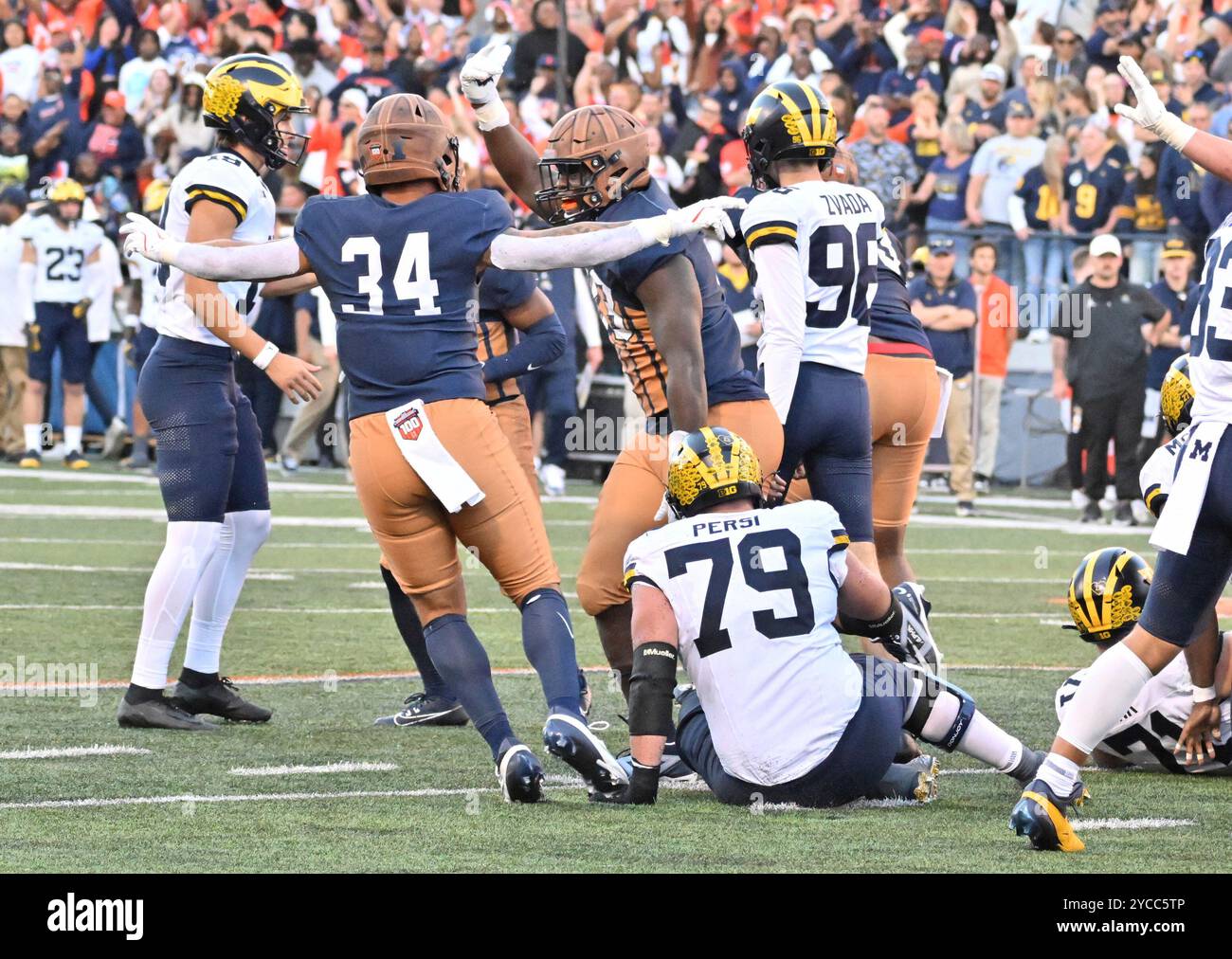 CHAMPAIGN, IL - OCTOBER 19: Illinois linebacker Ryan Meed (34) after his team blocks a field ...