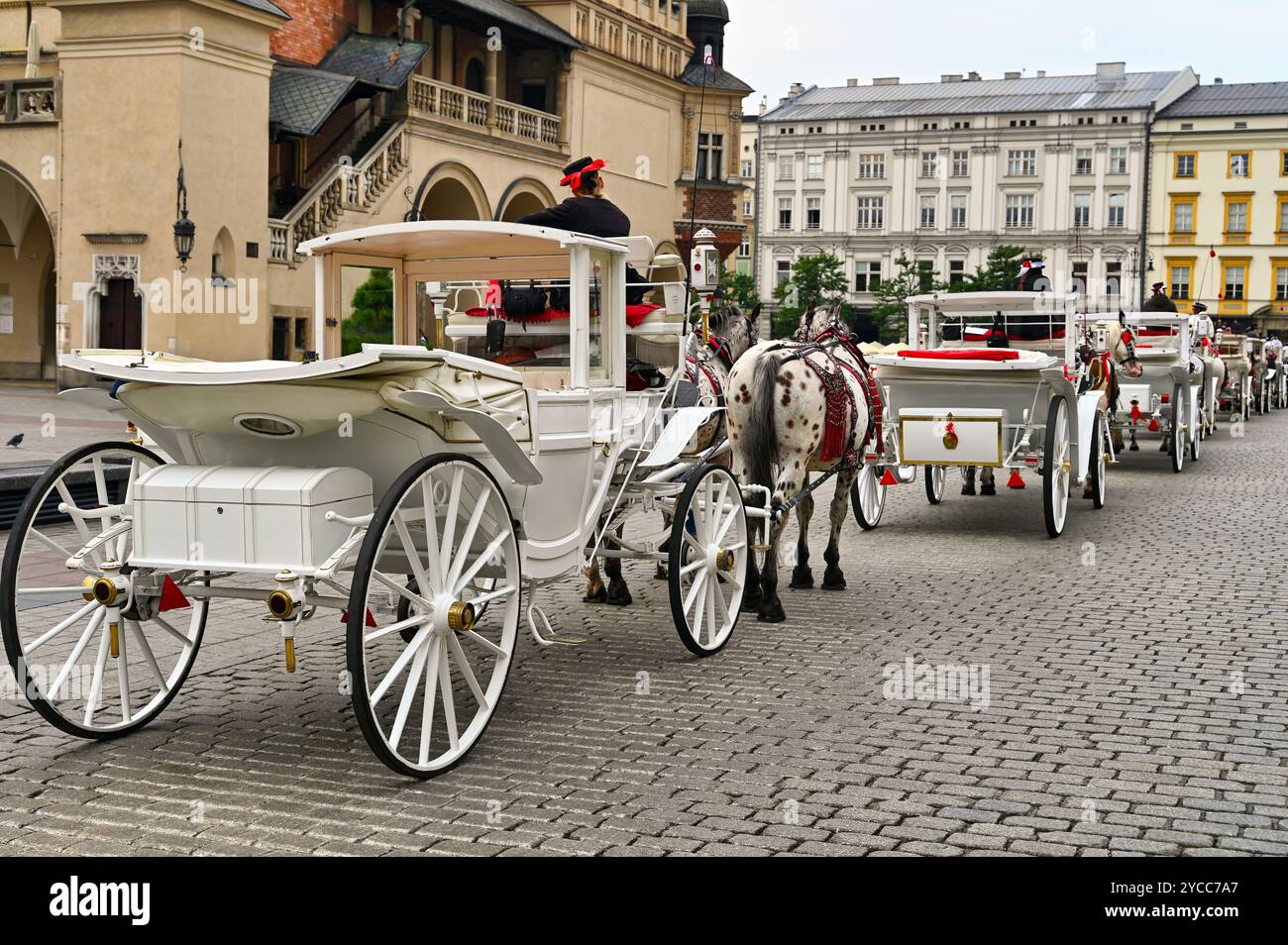 Horse carriages at Main Market Square, in the Old Town of Krakow Stock ...