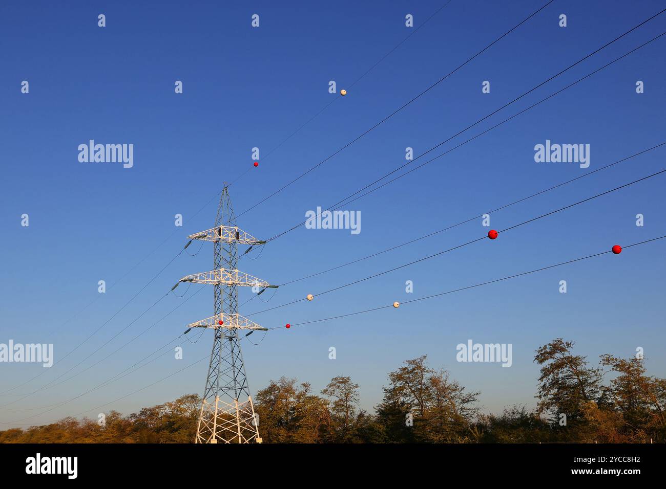 The colored plastic balls hanging on overhead electricity wires are ...