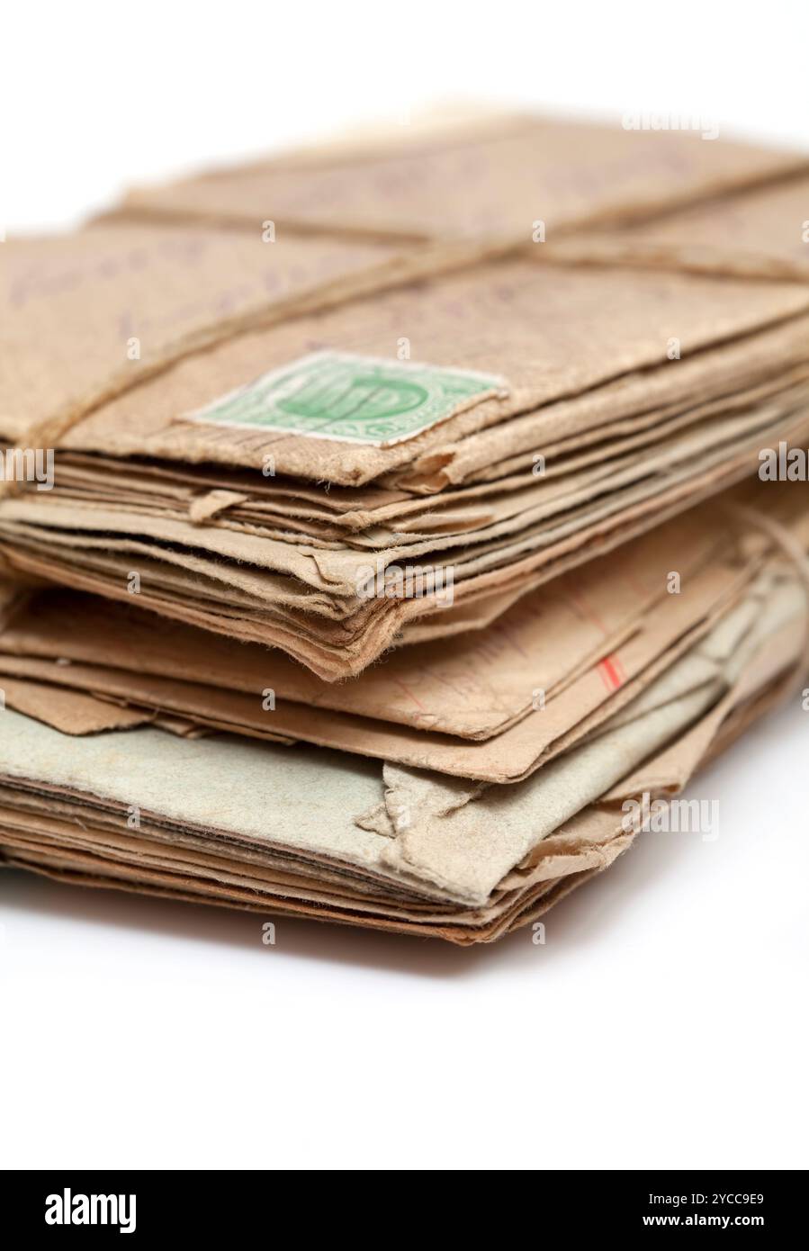 Stack of old letters, over white background. Air mail, postcards and ...