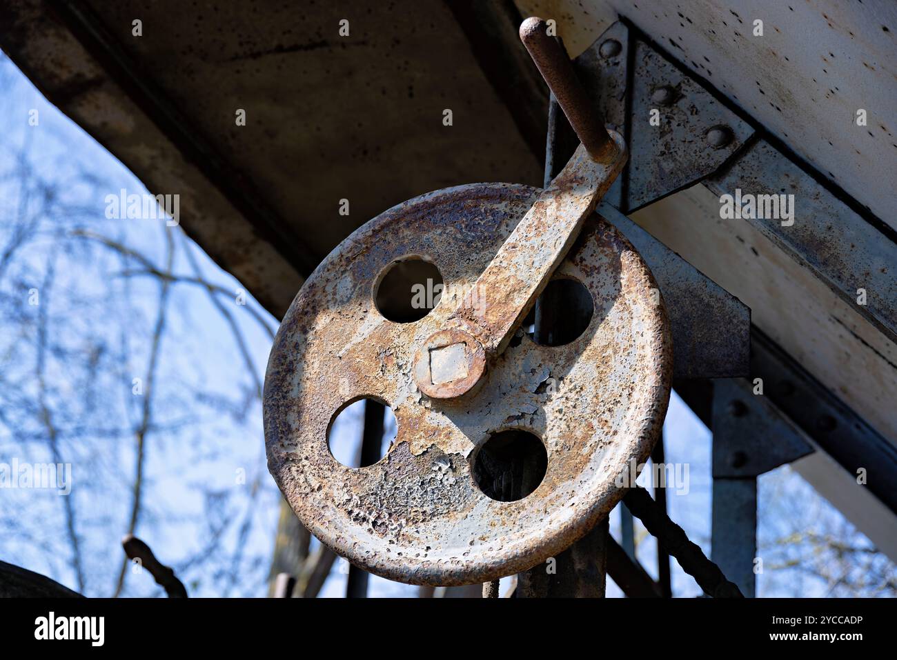old, rusty hand crank attached to the wooden beam Stock Photo - Alamy