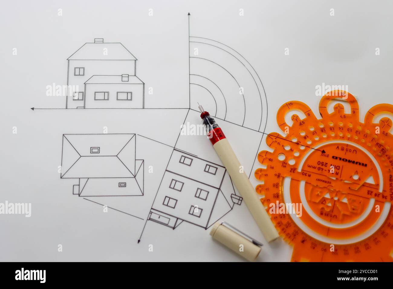 Hand drawn technical drawing. Descriptive geometry exercise using ...