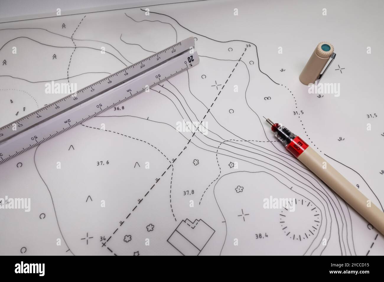 Hand-drawn topographic map with height curves. School work drawn by the ...