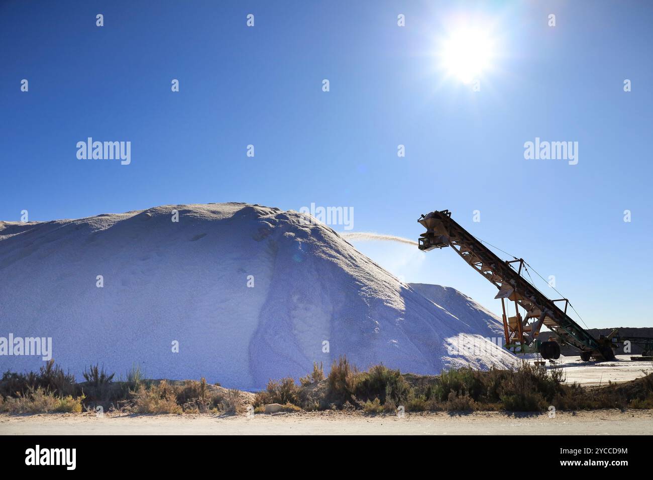 Santa Pola, Alicante, Spain- October 20, 2024: Harvester throwing salt ...