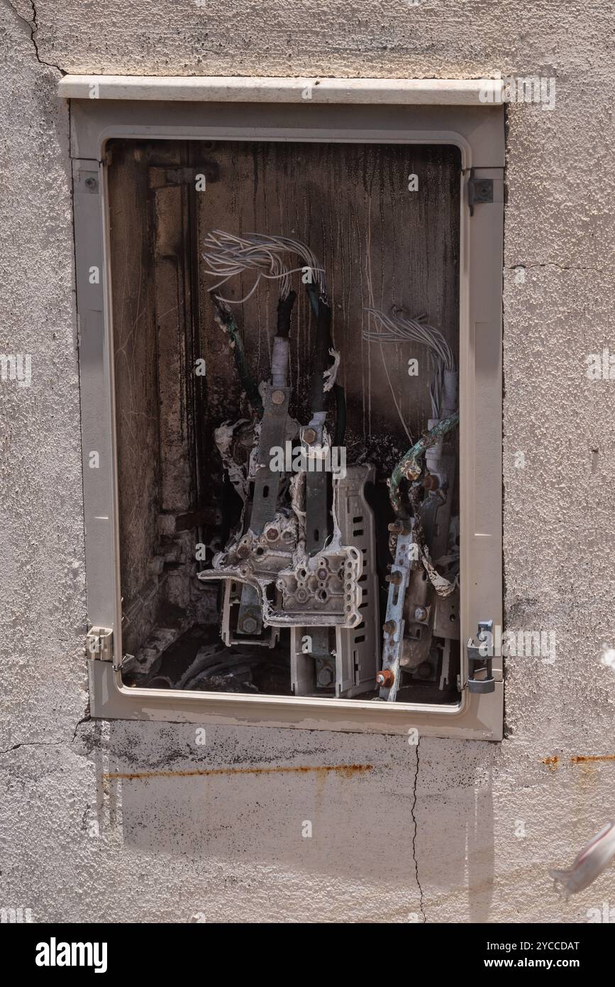 An electrical box on La Palma scorched by the heat of the lava from the ...