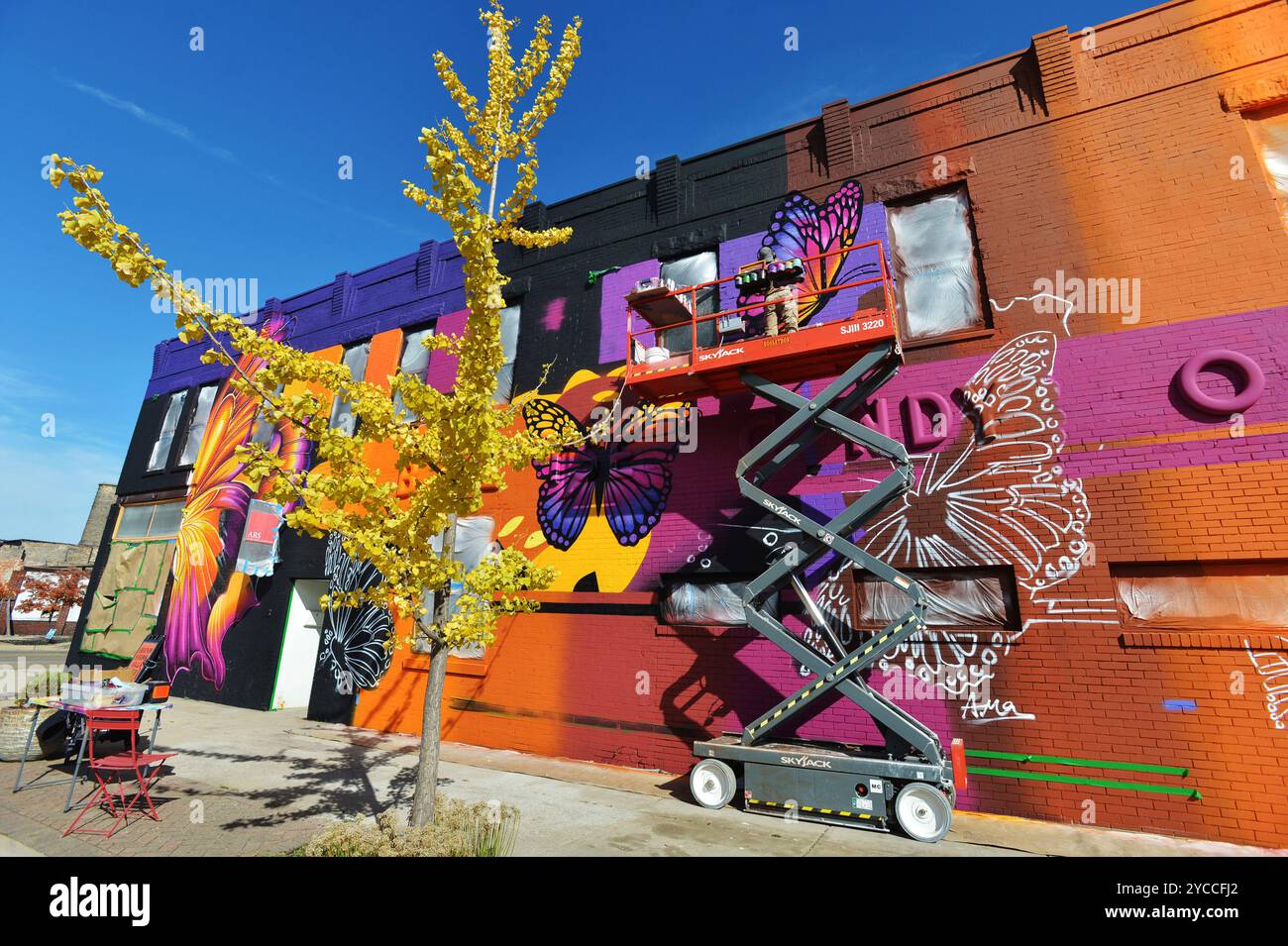 Muralist Alex Ann Allen, of South Bend, IN, works on a new mural titled ...