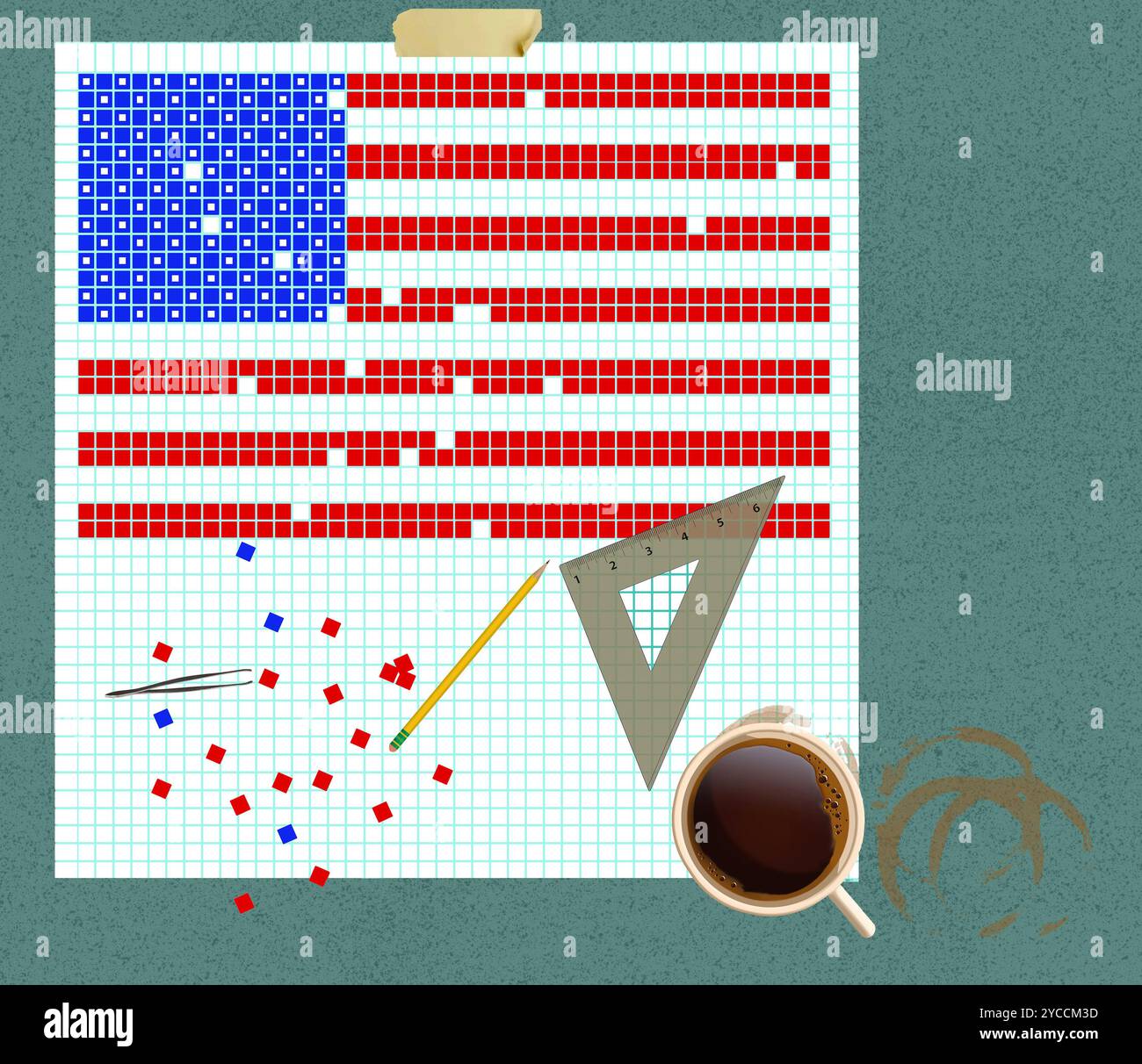 A USA flag on graph paper is being designed in a 3-d illustration about ...