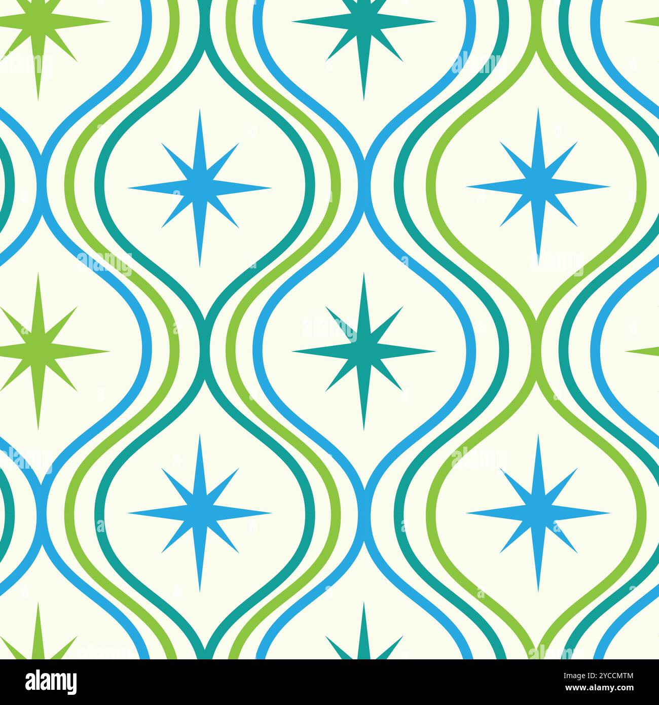 Mid century modern atomic starbursts on blue, green and teal ogee oval ...