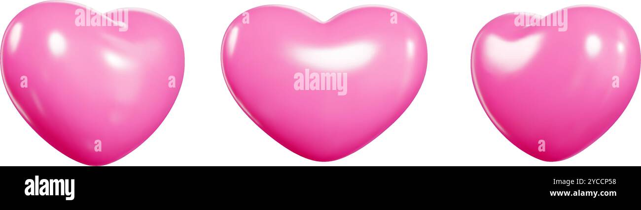 Set of three glossy pink 3d heart floating balloons with shadows ...