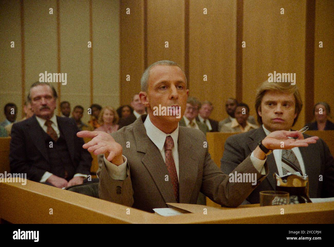 THE APPRENTICE, front, from left: Jeremy Strong as Roy Cohn, Sebastian Stan as Donald Trump ...