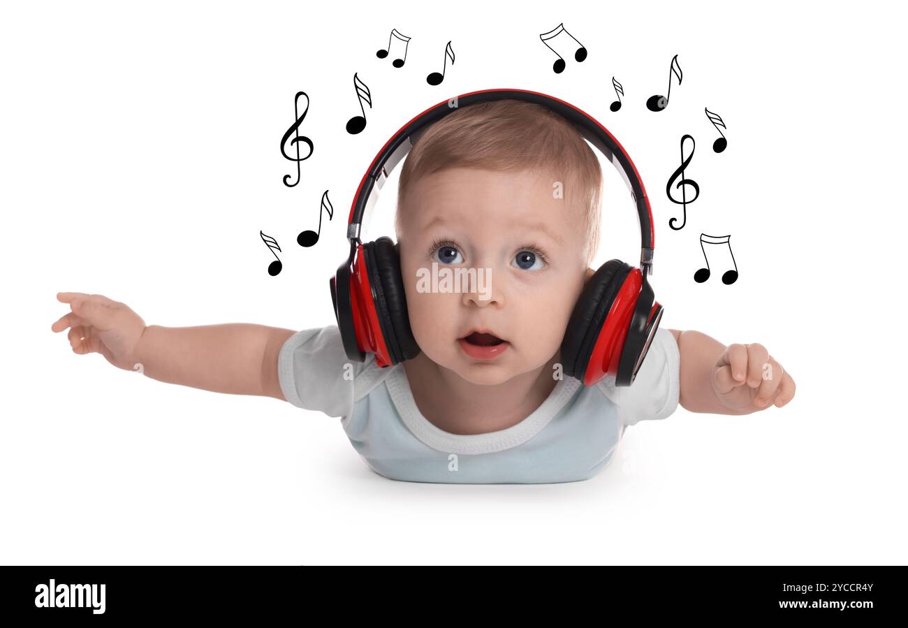 Cute little baby with headphones on white background. Music notes ...