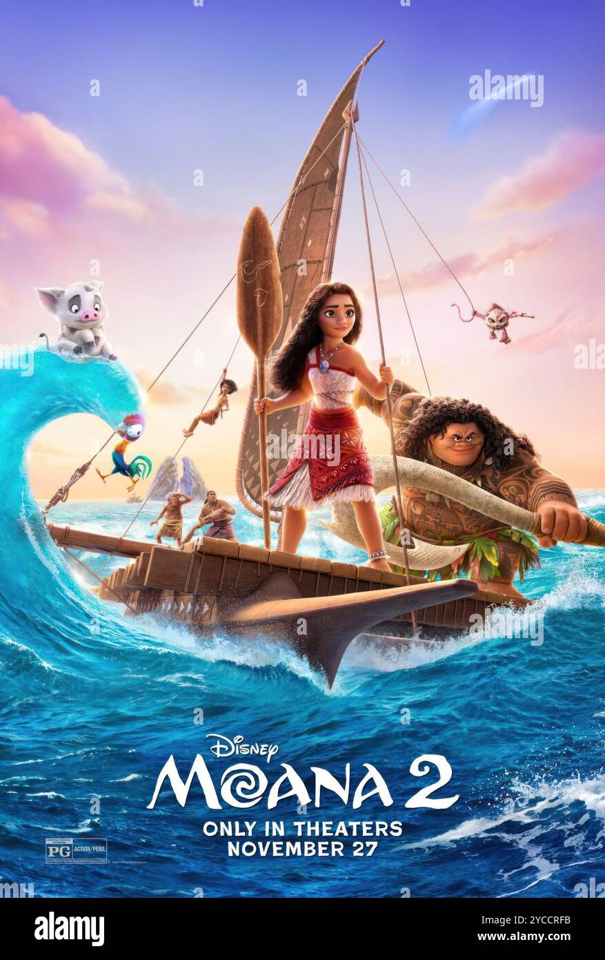 MOANA 2, US poster, from left: Pua (pig), Hei Hei (voice: Alan Tudyk ...