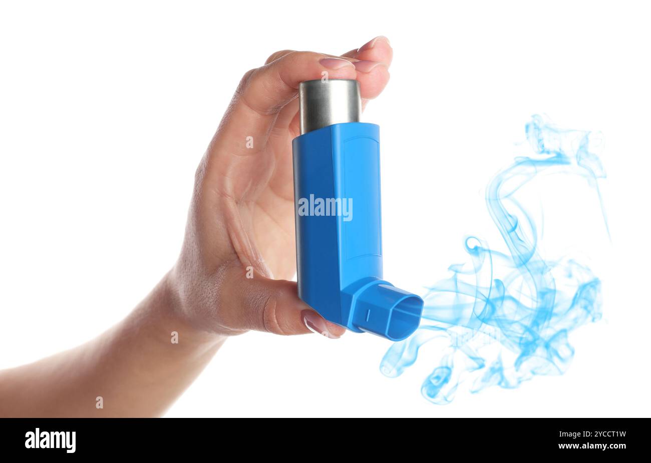 Asthma treatment. Woman holding inhaler on white background, closeup ...