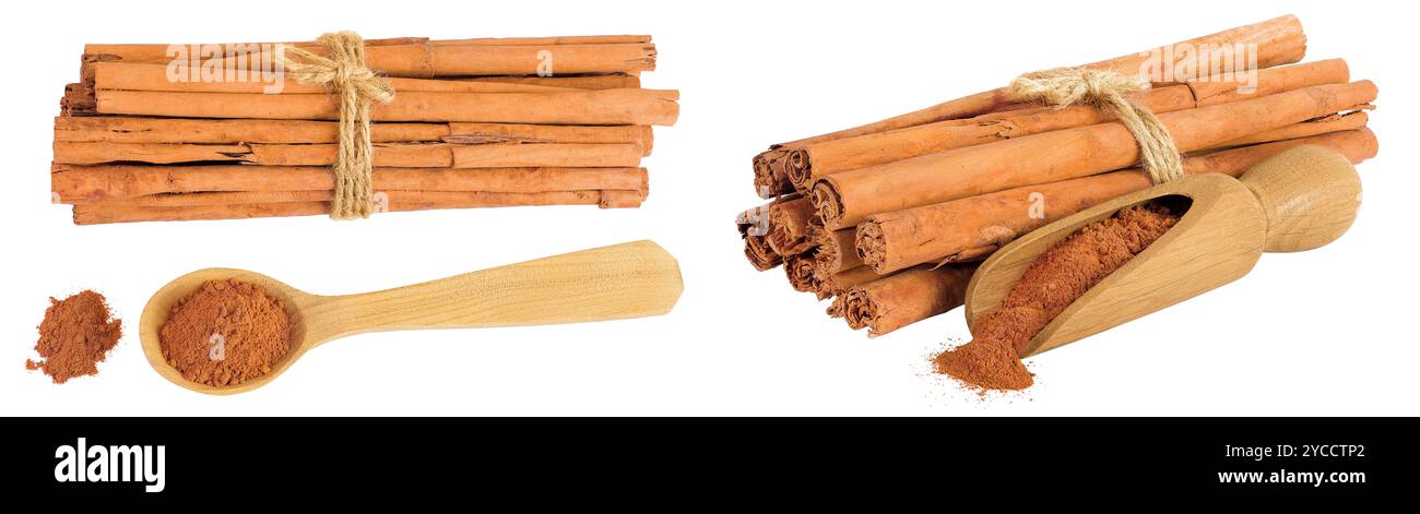 Cinnamon sticks with powder in wooden spoon isolated on white ...