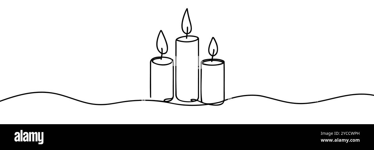 One line continuous three candle. Silhouette of burning memorial ...