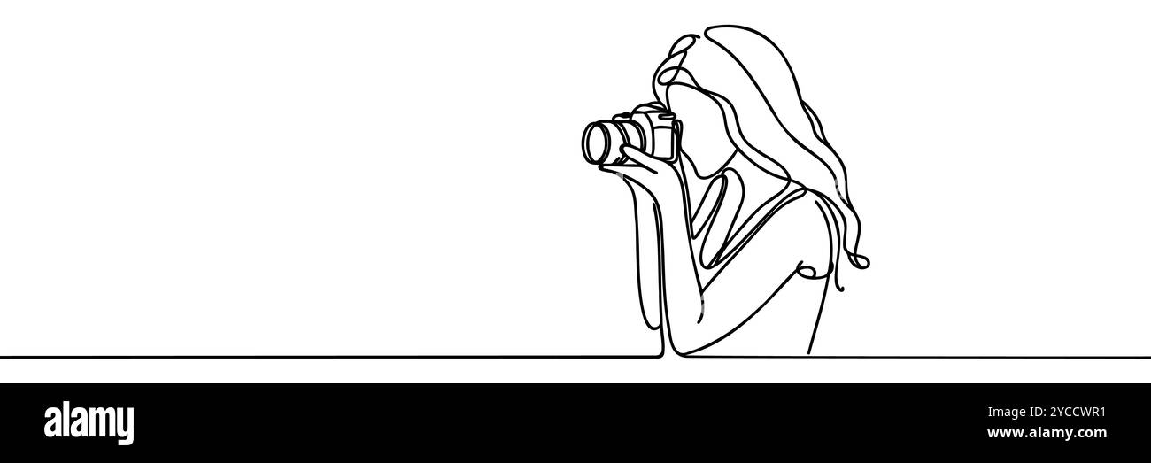 Continuous one line drawing girl photographer taking pictures. Photo ...