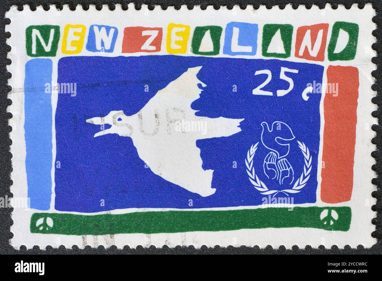 Cancelled postage stamp printed by New Zealand, that shows Peace Dove ...