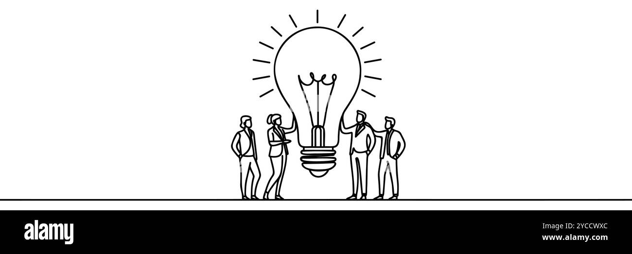 Continuous one line drawing of business people holding big light bulb ...