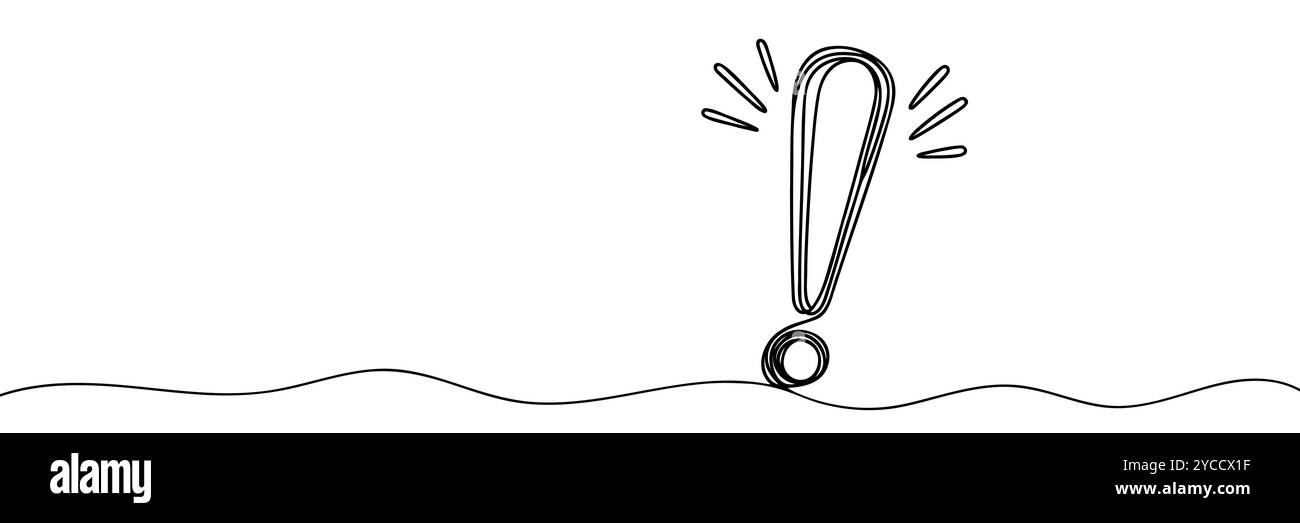 Single continuous line art exclamation mark icon. Online warning hazard ...