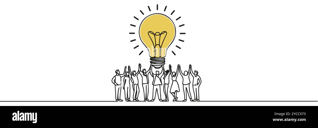 Continuous one line drawing of business people holding big light bulb ...