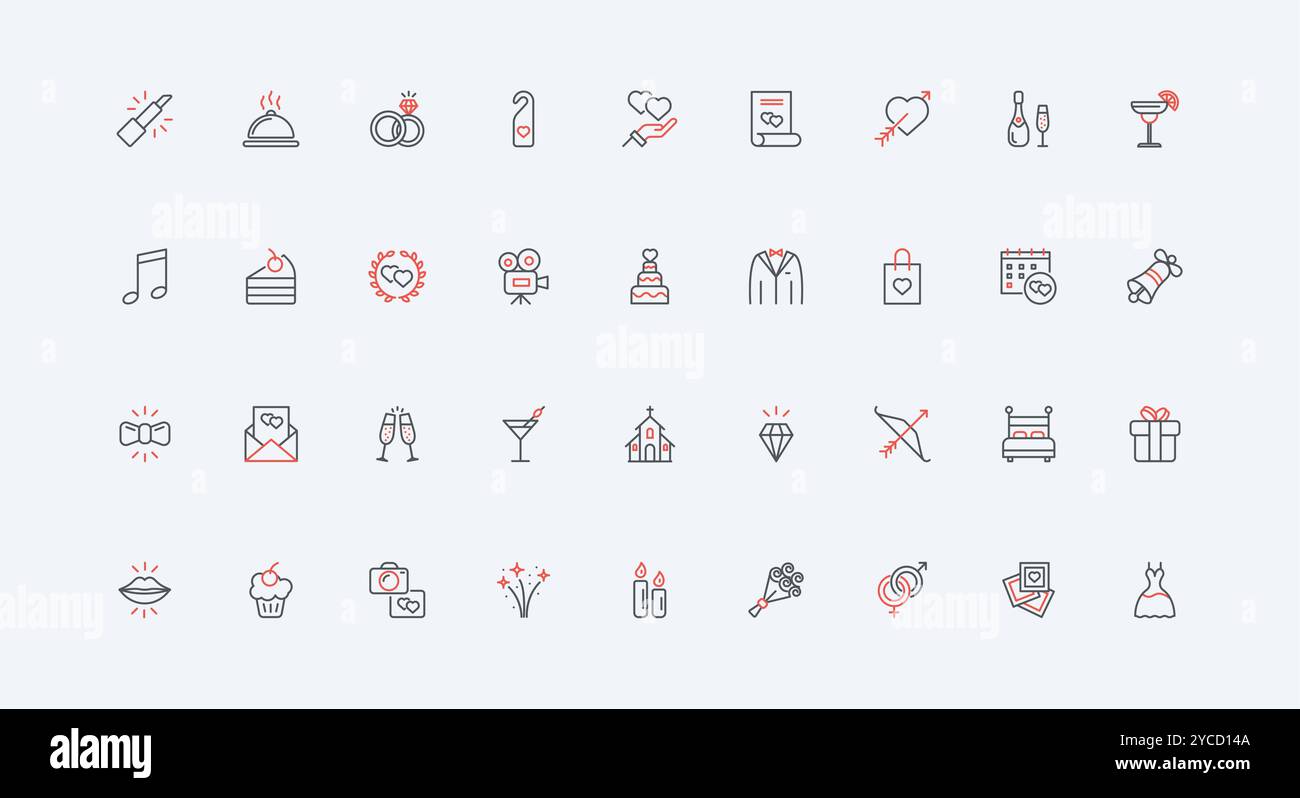 Marriage, wedding ceremony line icon set. Rings, dress and suit of ...