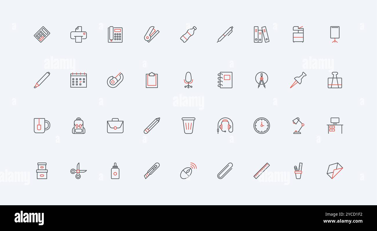 Office supplies for employee work, stationery line icon set. Pencil and ...