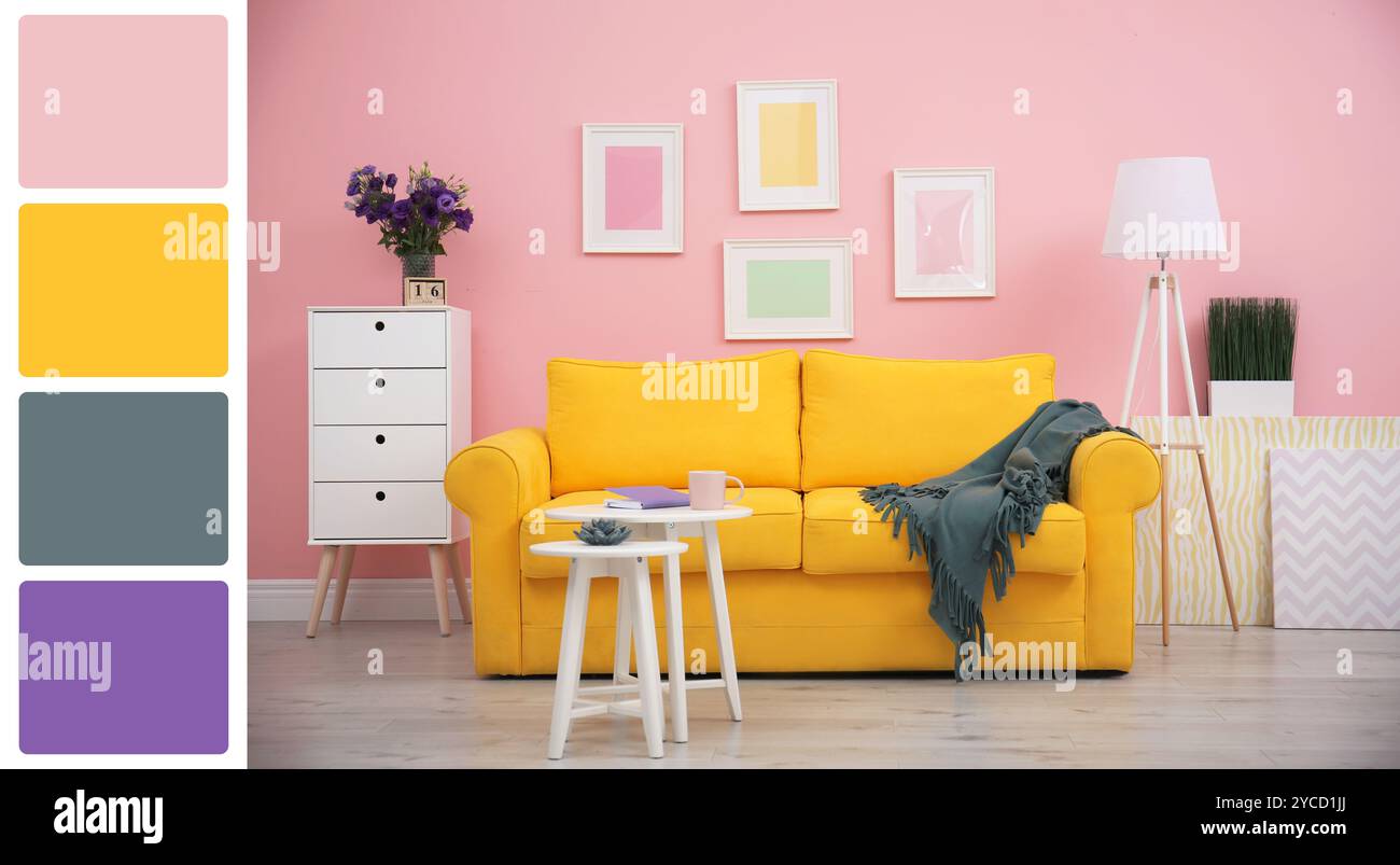Stylish living room with comfortable sofa near pink wall. Interior ...