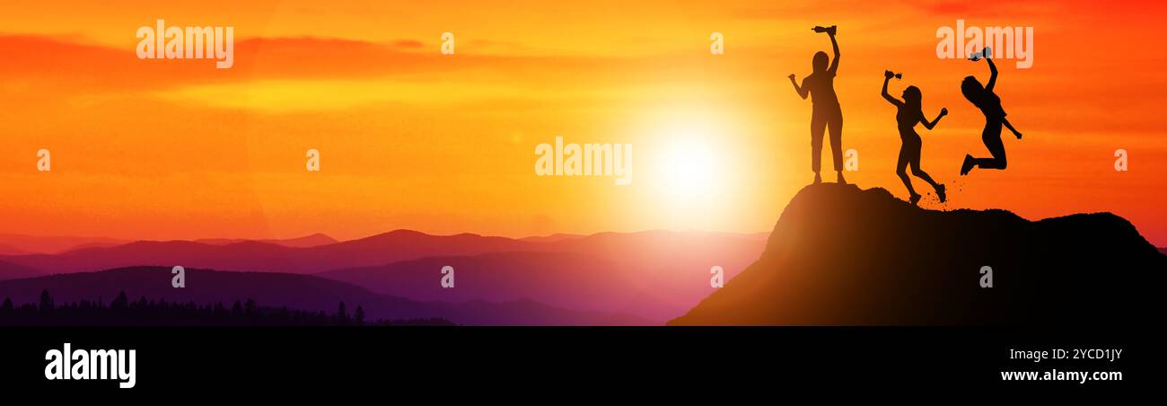 Winners with trophy cups in mountains at sunrise. Banner design Stock ...