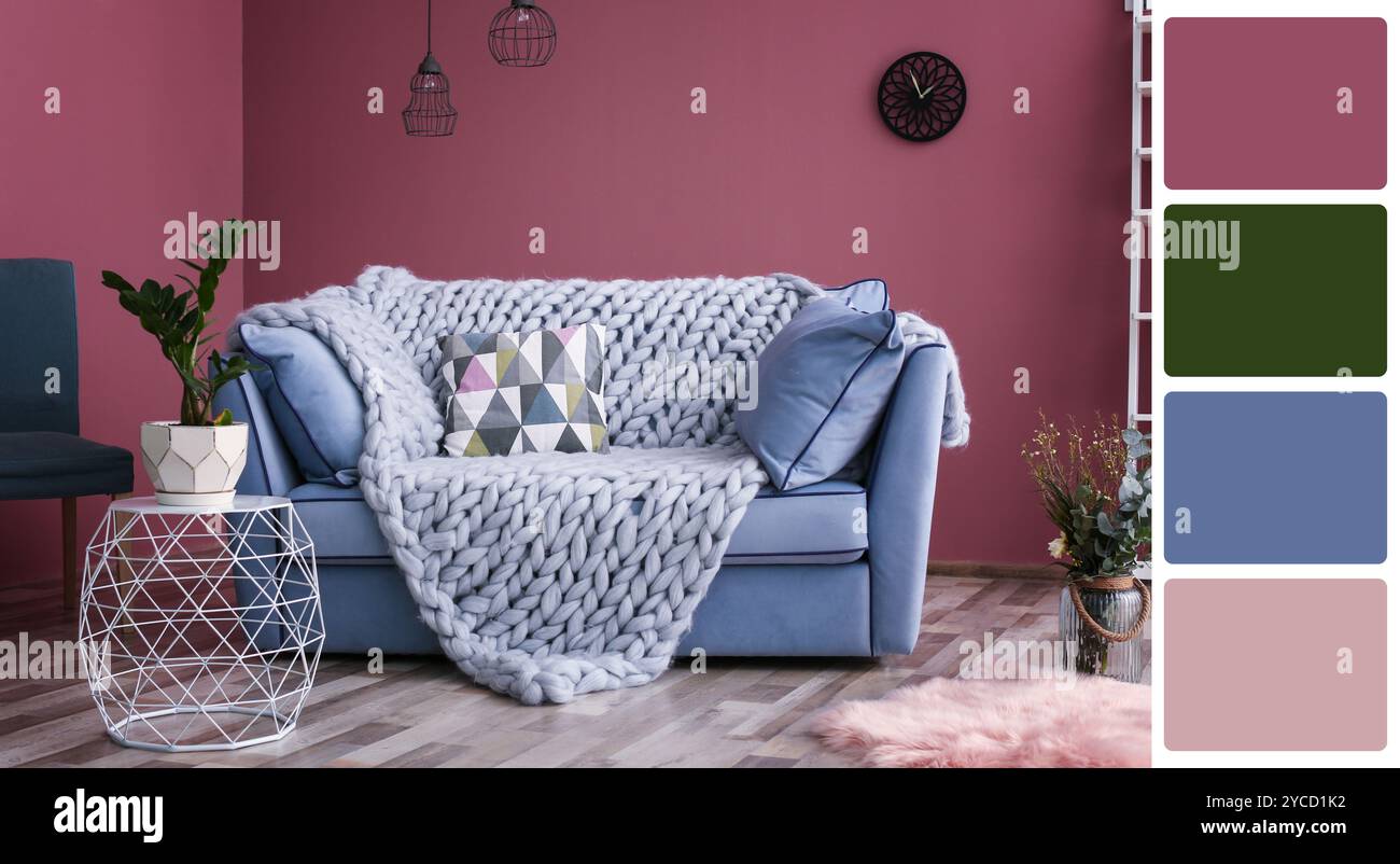 Stylish living room with comfortable sofa near color wall. Interior ...