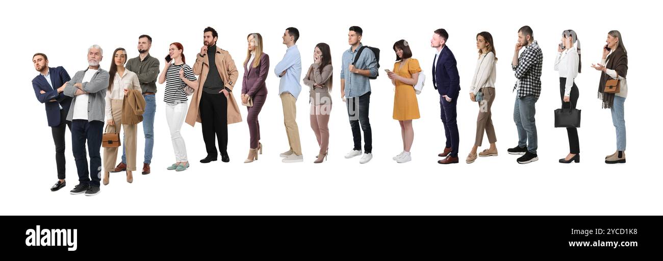 Queue of many people on white background Stock Photo - Alamy