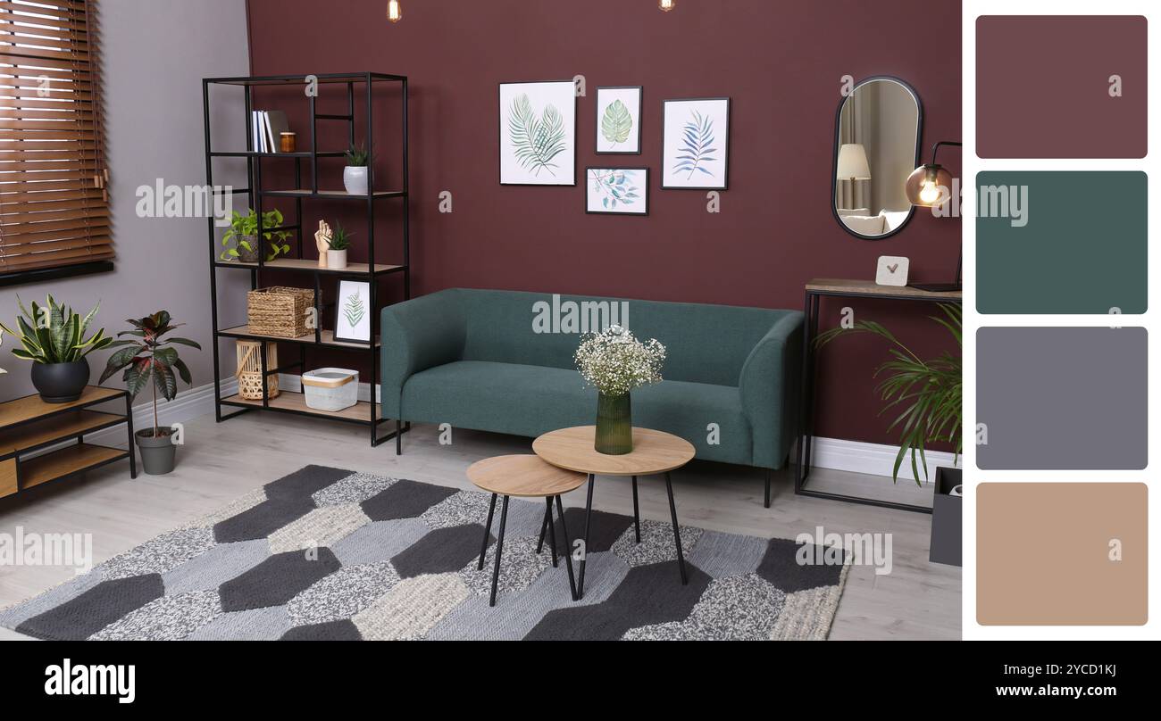 Stylish living room with comfortable sofa near color wall. Interior ...