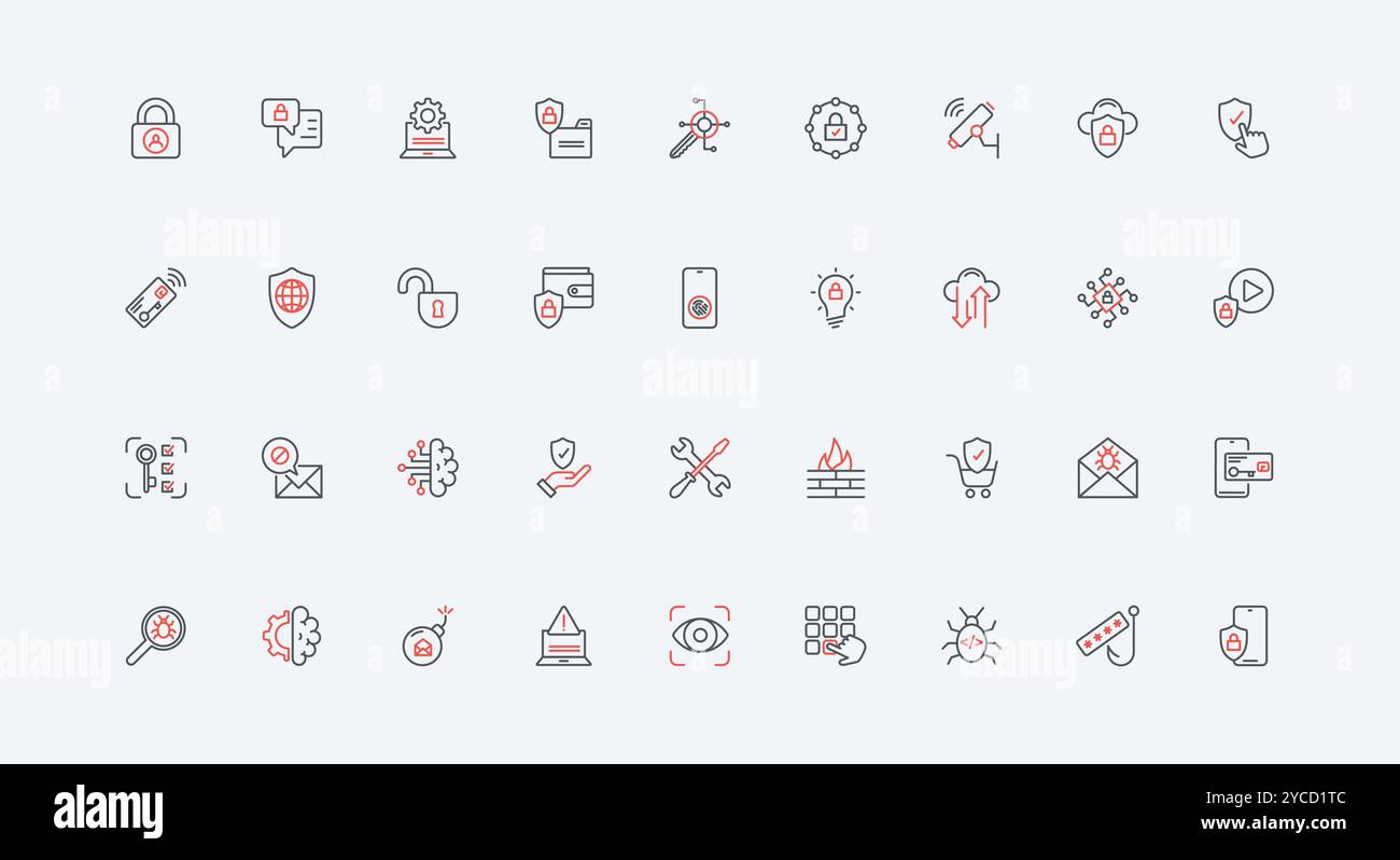 Cybersecurity Encryption Line Icon Set Cctv Security Shield And Key