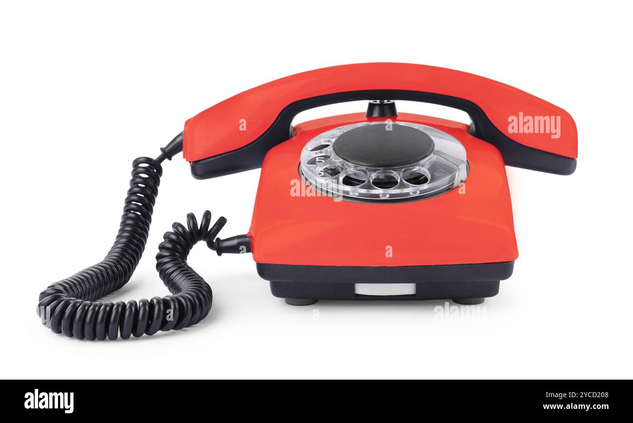 Old red telephone with rotary dial isolated on white Stock Photo - Alamy