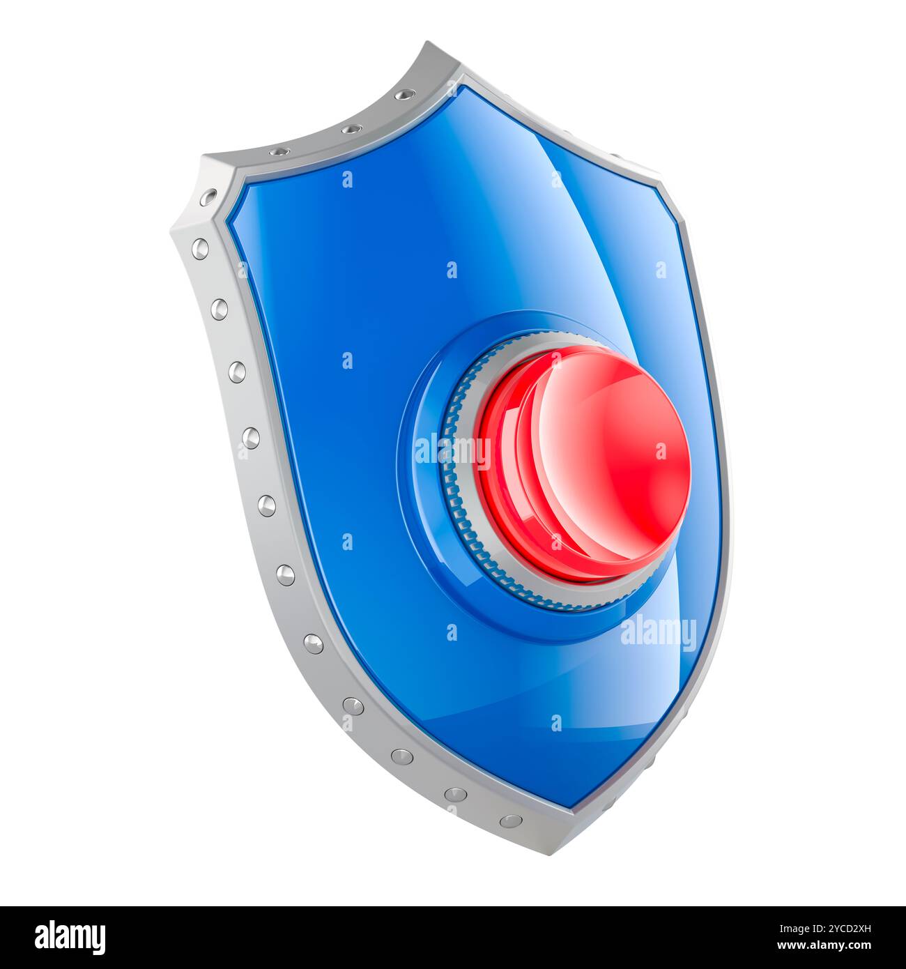 Blue Shield with push red button. 3D rendering isolated on white ...
