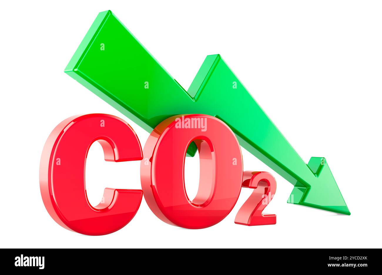 Carbon dioxide reduction, concept. CO2 with arrow falling, 3D rendering ...