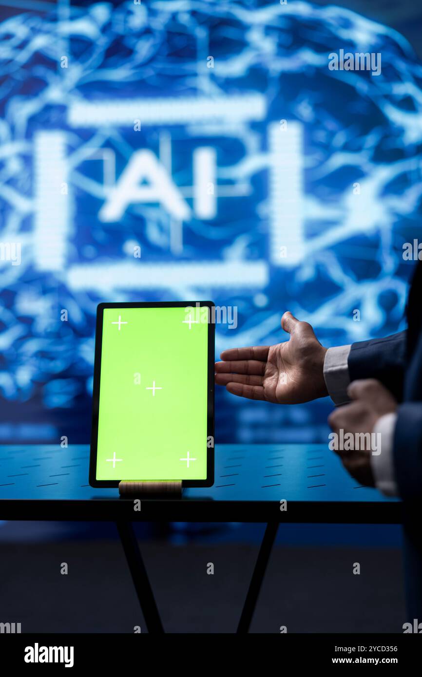 Programmer analyzing complex AI brain models on isolated screen tablet. IT worker using machine ...