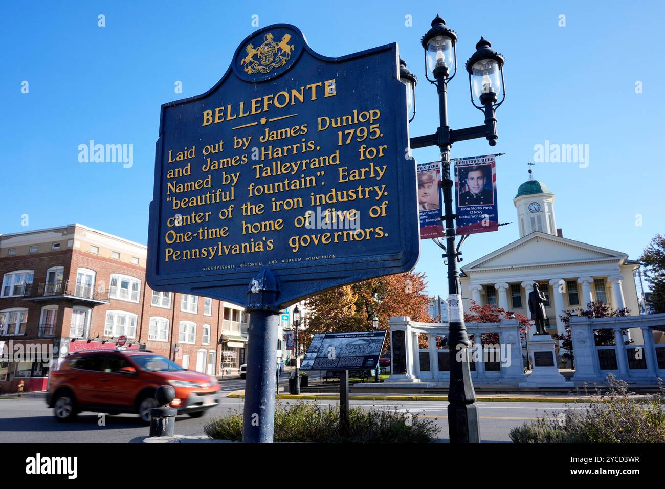 A historical marker stands in downtown Bellefonte, Pa., near the Centre ...