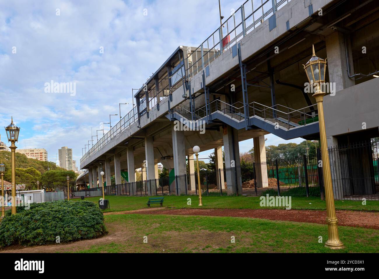 Perspective of train tracks with long stairs and ramps, huge concrete ...