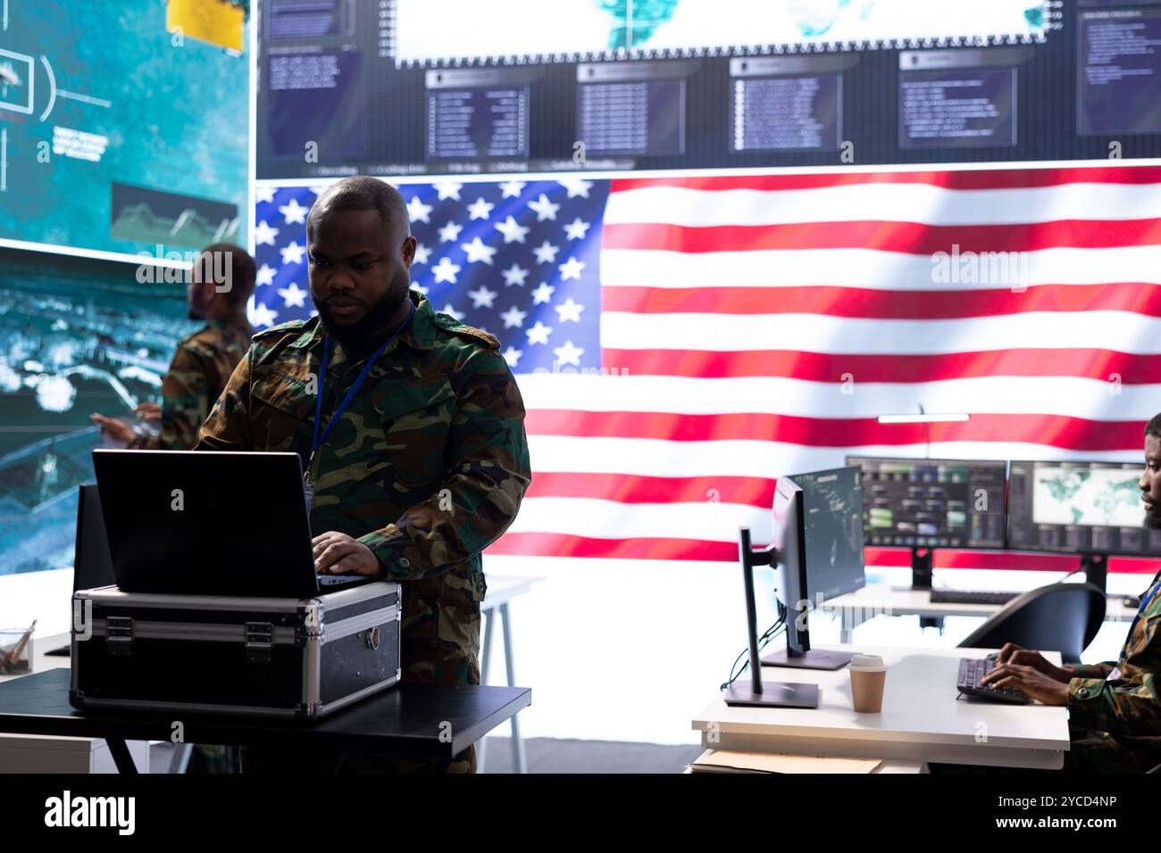 Military Professionals In A Command Center Monitor Global Cybersecurity Operations Managing