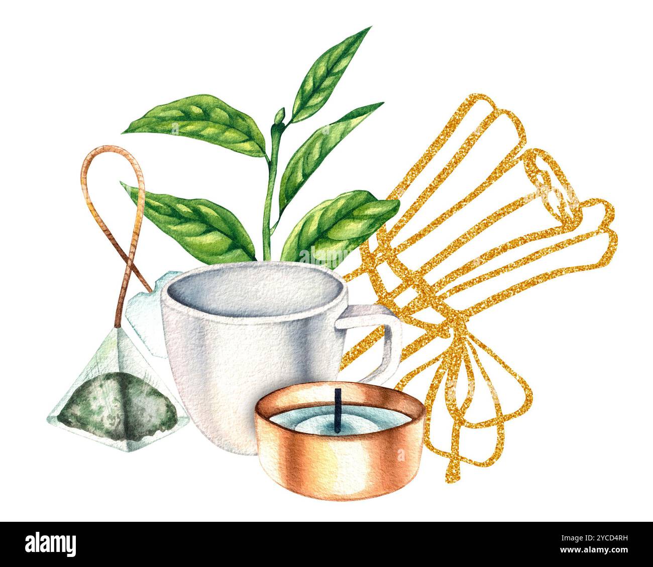 Hand painted gold tea set with herbs Stock Photo - Alamy