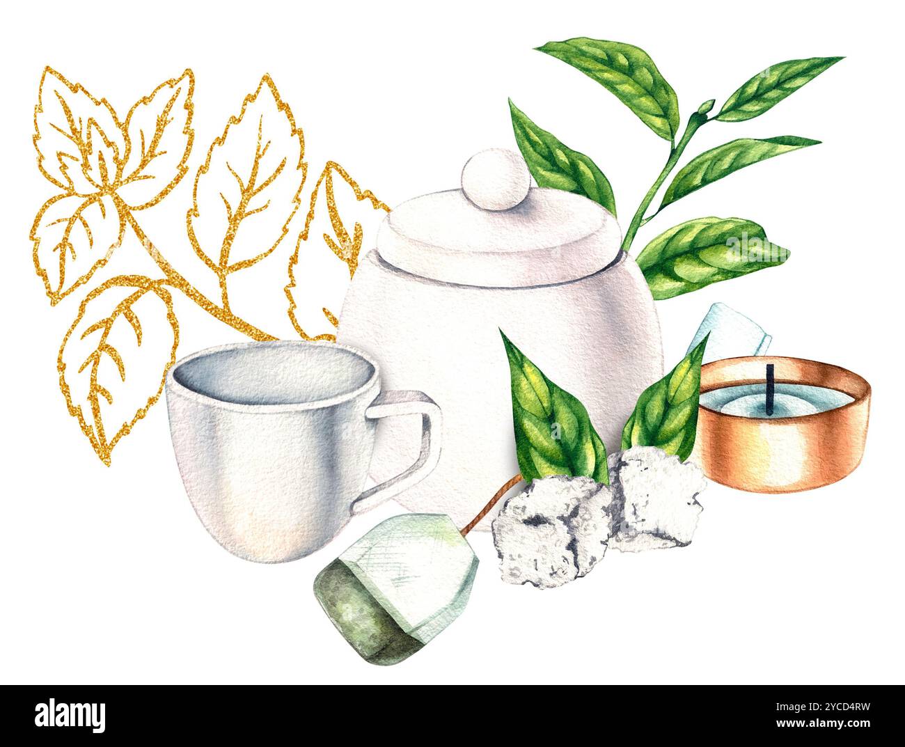 Hand painted gold tea set with herbs Stock Photo - Alamy