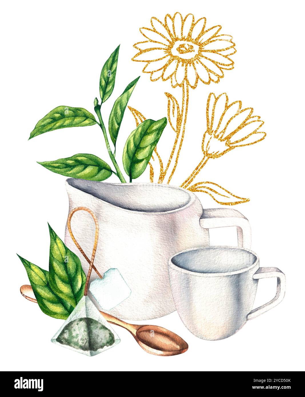 Hand painted gold tea set with herbs Stock Photo - Alamy