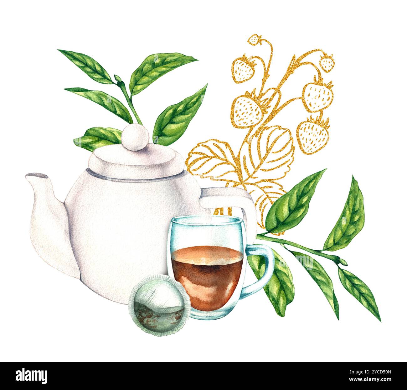 Hand painted gold tea set with herbs Stock Photo - Alamy