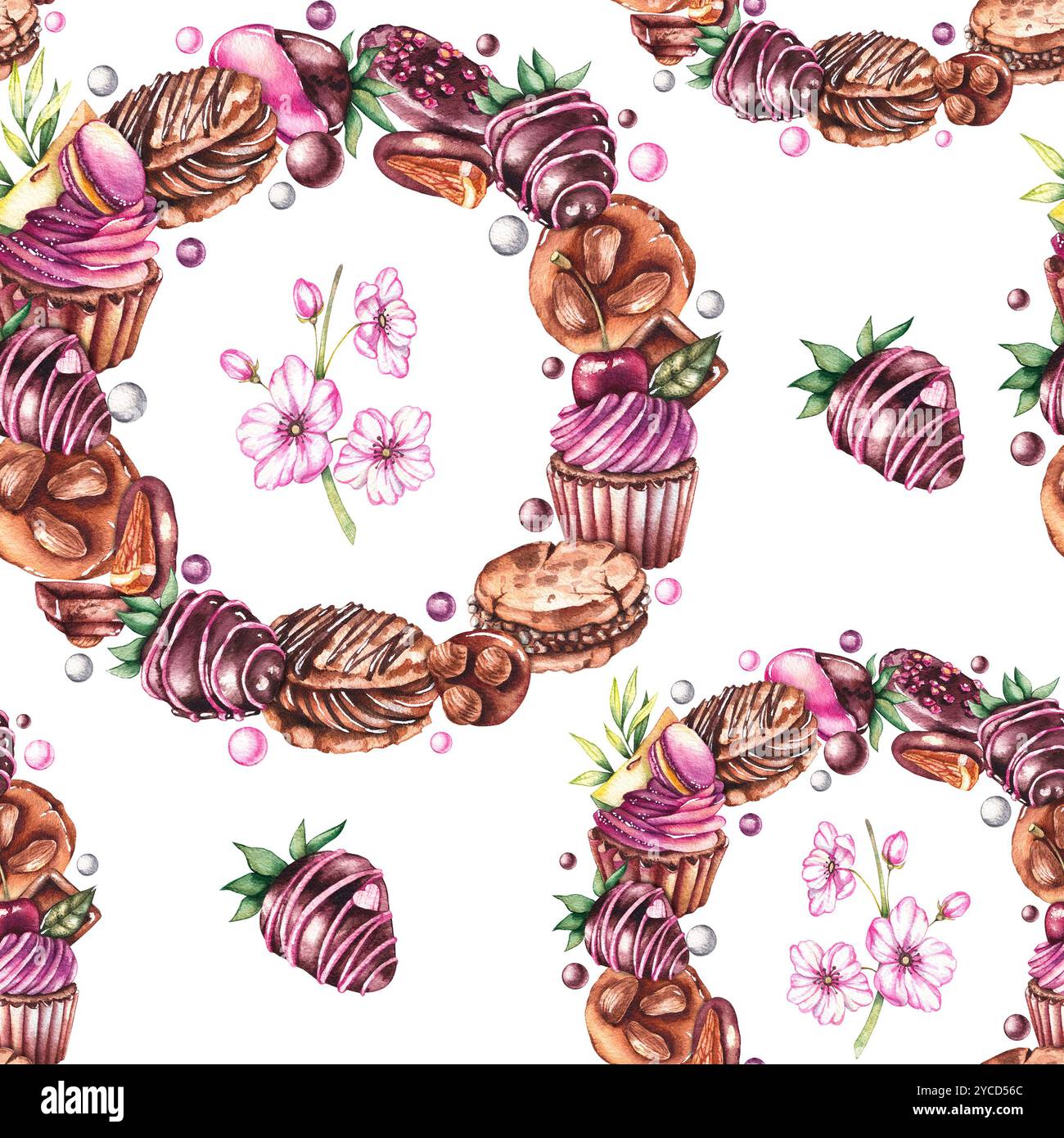 Watercolor sweet desserts with flowers hand drawn isolated Stock Photo ...