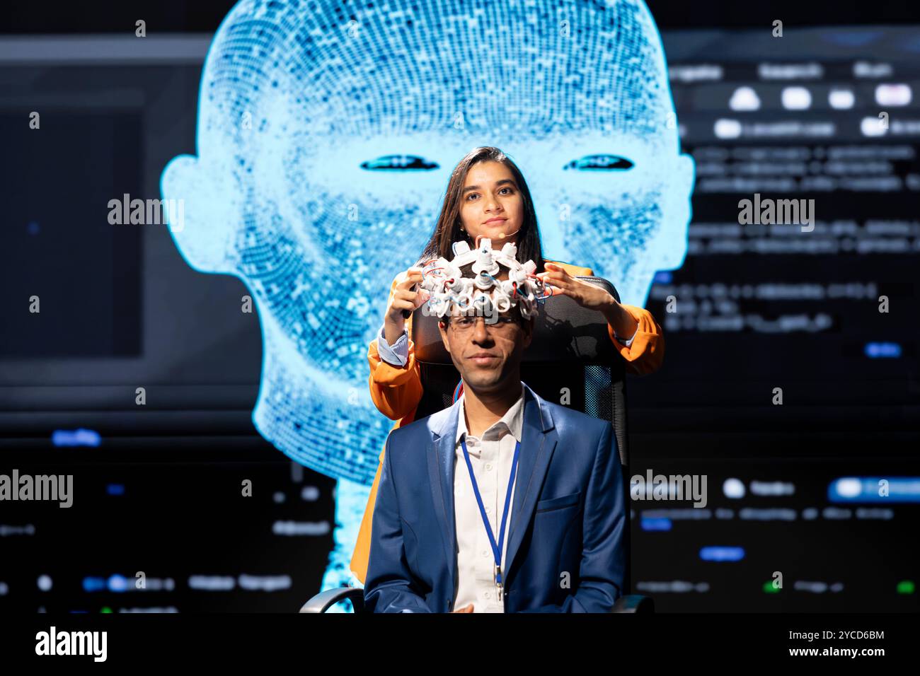 Portrait of neuroscientist doing demonstration at AI convention ...