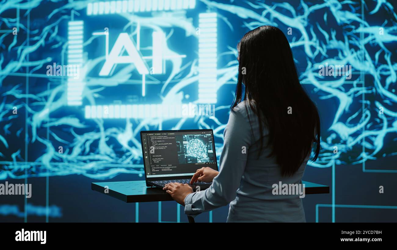 AI specialist reviews data charts, emphasizing importance of data driven decision making in tech ...