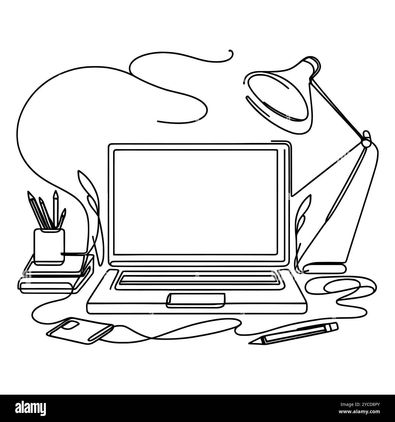 Continuous line is drawing a laptop computer on a white background ...