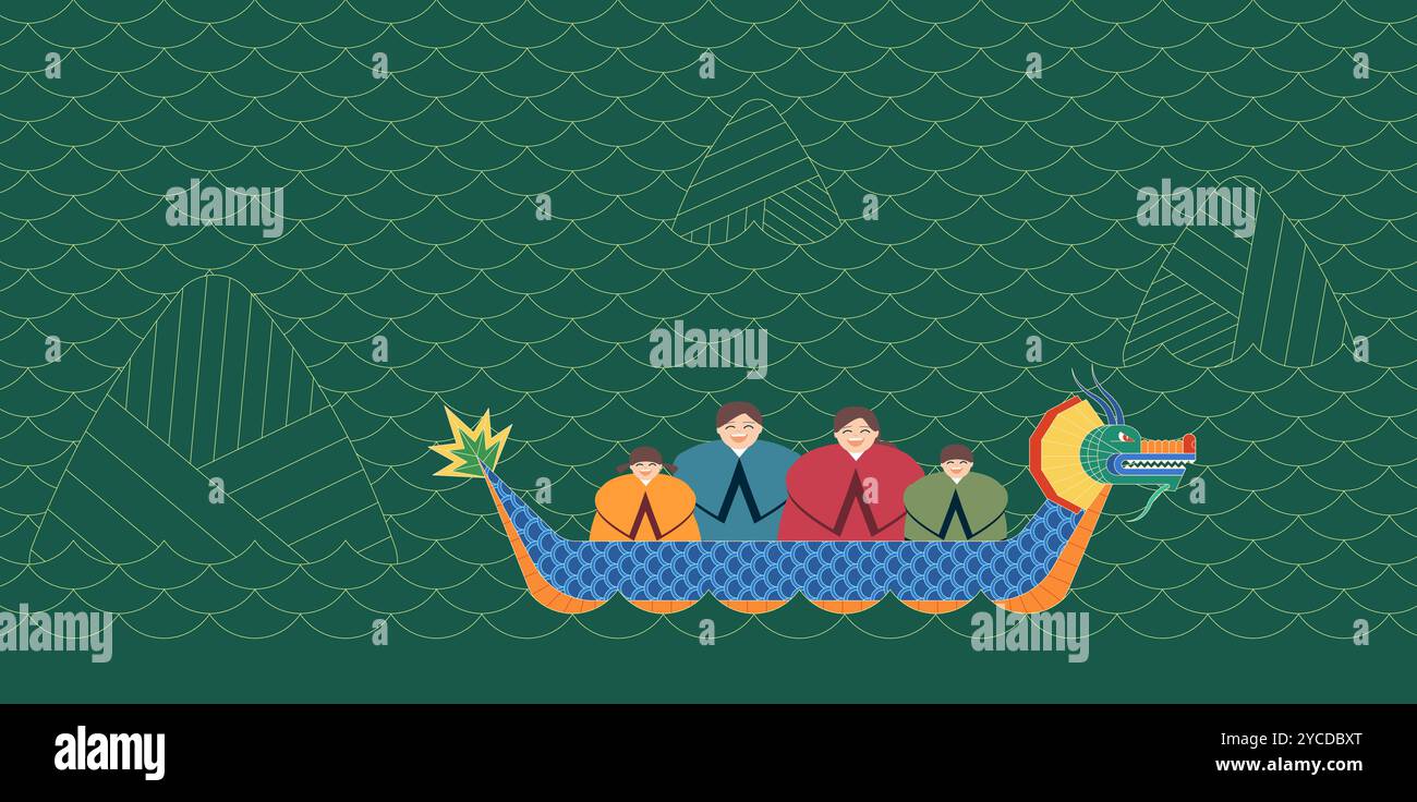 Chinese Dragon Boat Festival line art banner. China Duanwu holiday ...