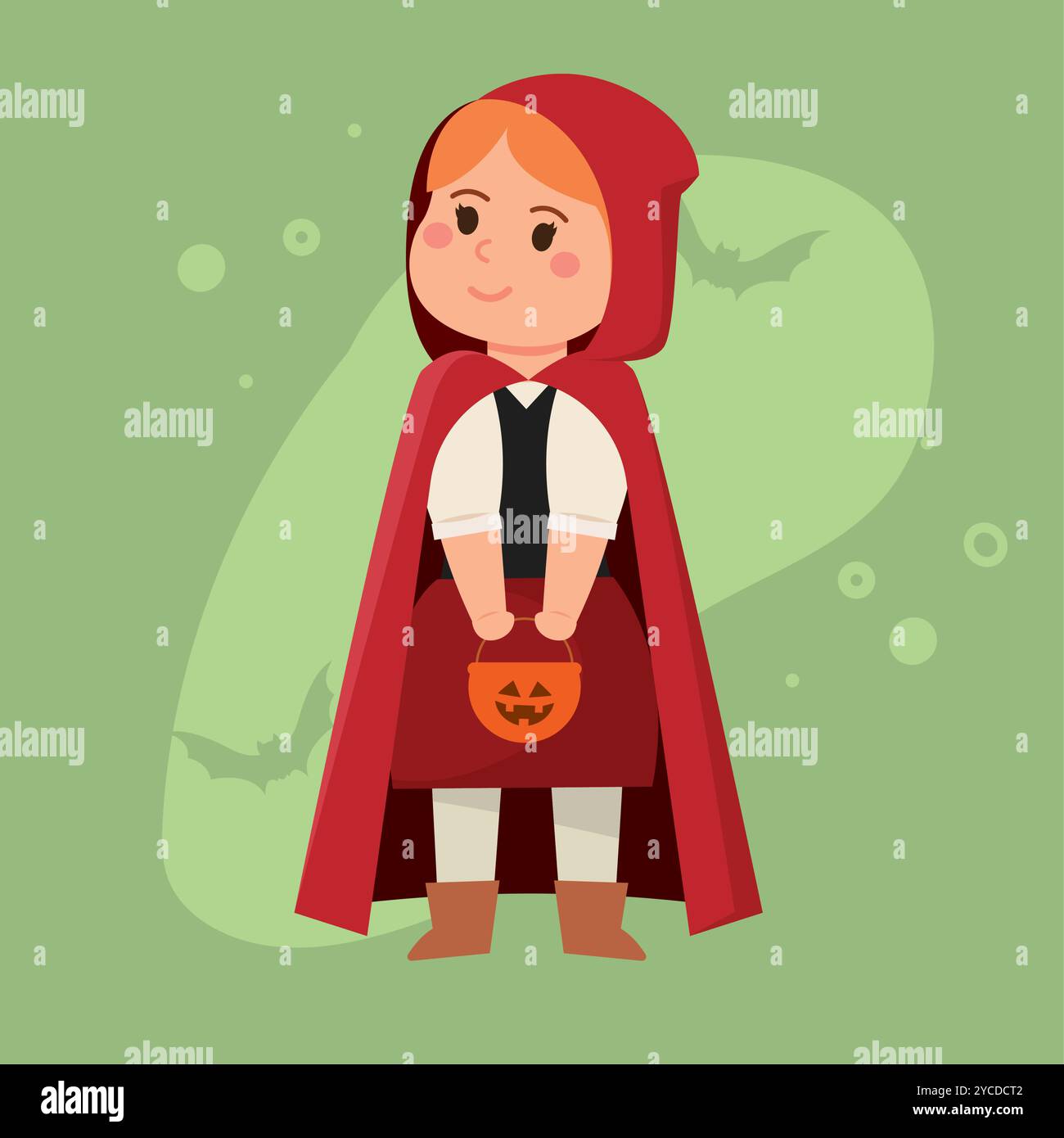 Little Red Riding Hood girl with basket costume for Halloween, Vector ...
