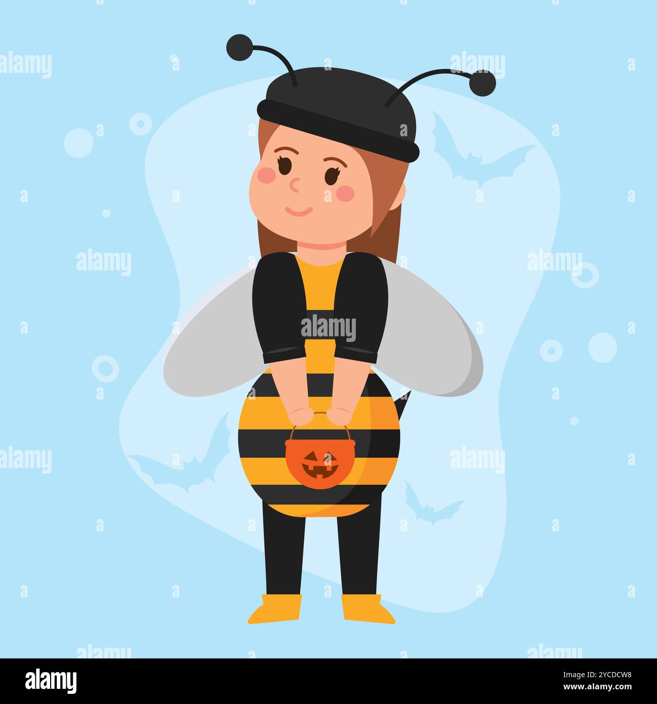 Cartoon girl dressed as bee with pumpkin bucket for Halloween, Vector ...